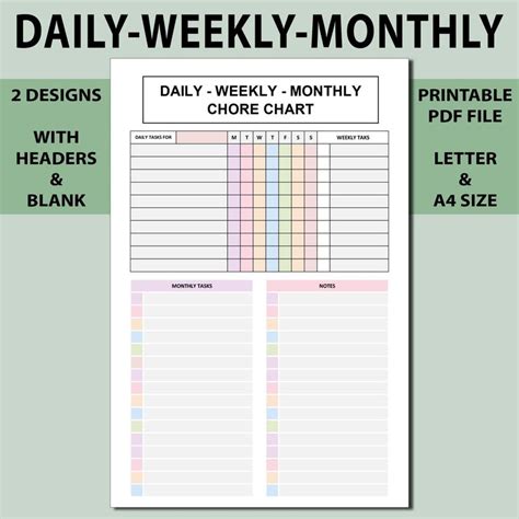 daily weekly monthly chore chart printable tasks day tasks week tasks