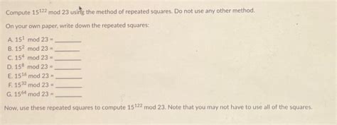 solved compute 15122 mod 23 using the method of repeated