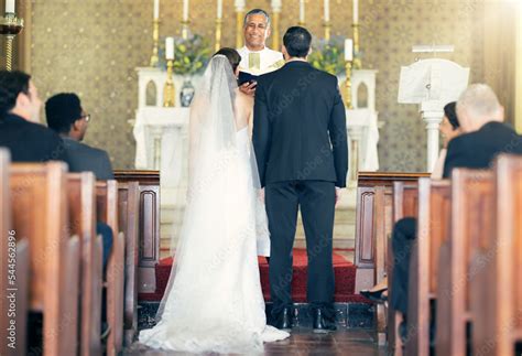 Wedding Priest And Couple At The Altar For Marriage Vows In Commitment