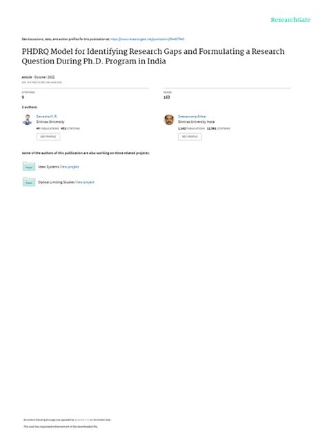 Phdrq Model For Identifying Research Gaps And Formulating A Research Question During Ph D