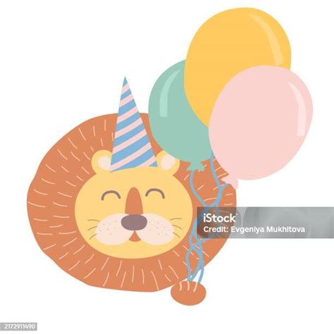 귀여운 새끼 사자는 생일을 축하하고 풍선과 생일 모자를 선물합니다 흰색 배경에 평면 벡터 일러스트 레이 션 곰에 대한 스톡 벡터 아트 및 기타 이미지 Istock