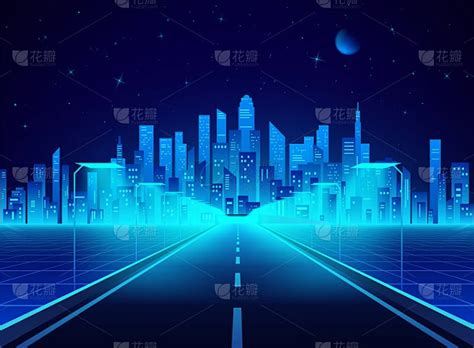 蓝色的霓虹复古城市景观。通往赛博朋克未来小镇的高速公路。科幻背景的抽象数字建筑。矢量图素材 花瓣网