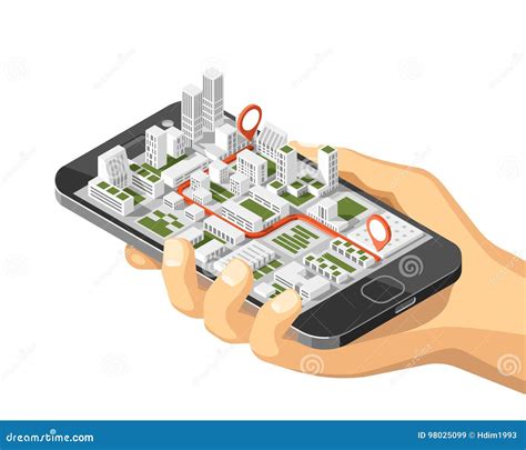 Mobile Gps And Tracking Concept Location Track App On Touchscreen Smartphone On Isometric City