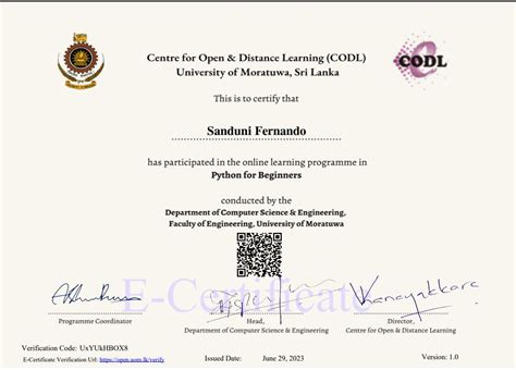 This Is The Python For Beginner Certificate Of Moratuwa University I Sanduni Vandana
