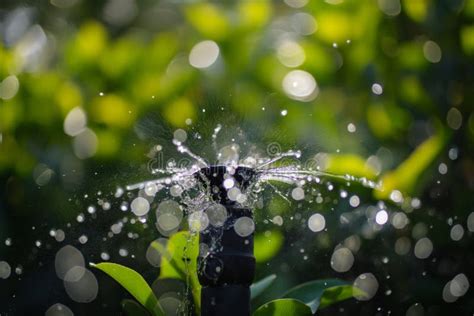 Close Up Of Water Sprinkler Hydrating A Terrestrial Plant Stock
