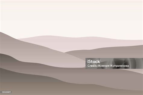 파도가 있는 흑백 풍경 태양은 하늘을 설정합니다 따뜻한 회색과 베이지 색 안개 산 실루엣 샌디 사막 모래 언덕 자연과 생태학 가로 방향입니다 소셜 미디어 엽서 및 포스터용