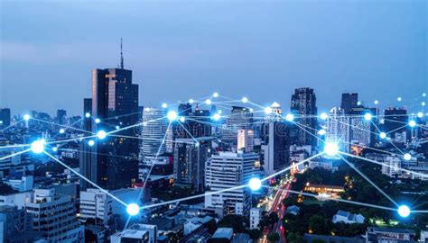 Modern Cityscape With Connected Digital Network Overlay Representing Smart Technology