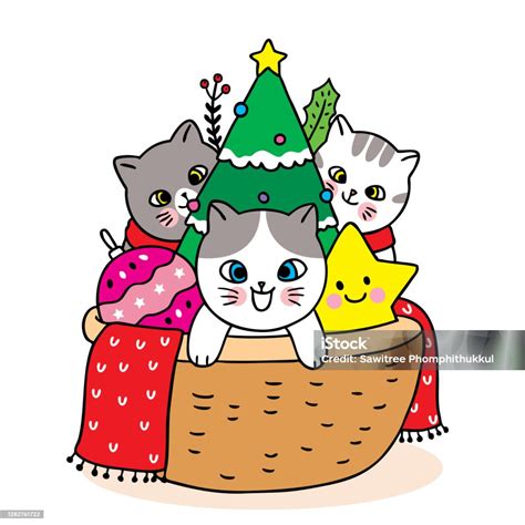 손은 만화 귀여운 메리 크리스마스 고양이와 나무 크리스마스와 스타와 장식 공과 스카프와 바구니 벡터에 빨간 스카프를 그립니다 0명에 대한 스톡 벡터 아트 및 기타 이미지