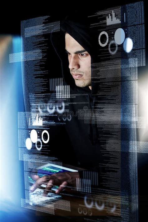 Computer Digital Overlay And Man Hacker Or Programmer For Night