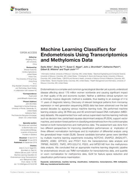Pdf Machine Learning Classifiers For Endometriosis Using