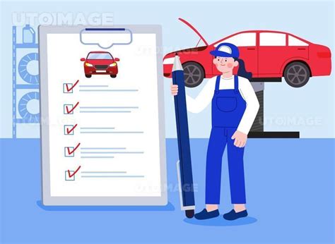 자동차 정비 체크리스트 벡터 일러스트 Sill809 유토이미지 일러스트 체크 체크리스트 확인 점검 정비소 차량 자동차 카센터 정비사 유니폼 펜 여성