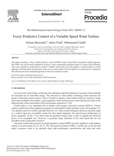 pdf fuzzy predictive control of a variable speed wind turbine