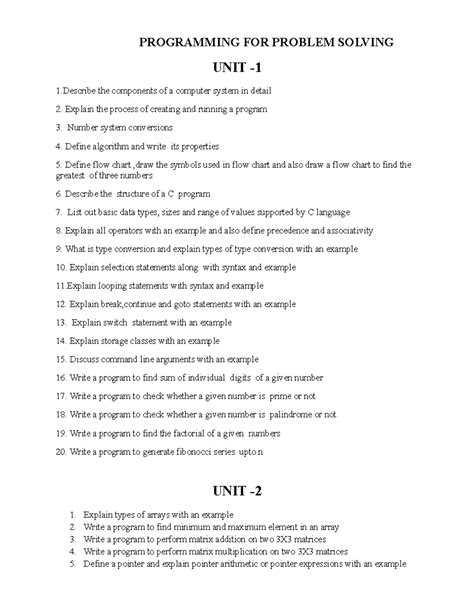 Pps Unitwise Questions Programming For Problem Solving Unit 1 The
