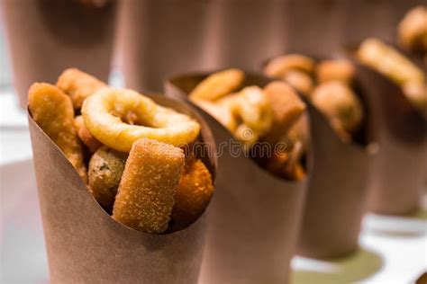 Fried Fish And Seafood Cocktail At The Farmers Market Stall Stock