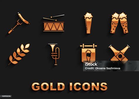 세트 악기 트럼펫 맥주 유리 교차 병 유리와 거리 간판 시리얼 세트 쌀 밀 옥수수 귀리 호밀 보리 포크와 드럼 스틱 아이콘에 소시지 벡터 음악에 대한 스톡 벡터 아트 및