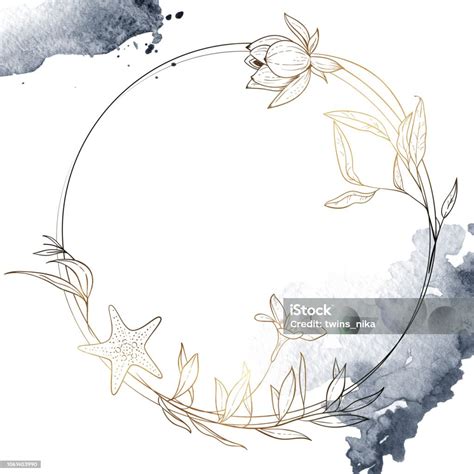 꽃 웨딩 카드 템플릿 꽃 가지 부 용 조류 불가사리 금 형상 링 수채화 밝아진 스케치 먼지가 흰색과 파란색 항해 예술입니다 해양 웨딩 스타일입니다 결혼식에 대한 스톡 벡터