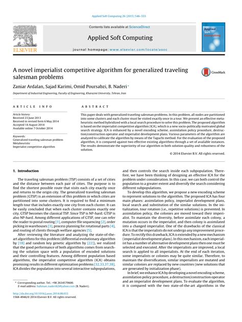PDF A Novel Imperialist Competitive Algorithm For Generalized Traveling Salesman Problems