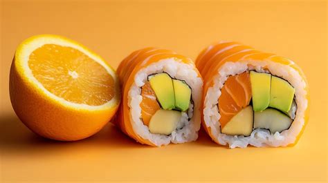 Fresh Sushi Rolls With Orange And Avocado On Bright Background