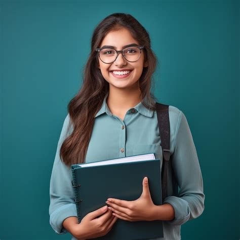 Young Female Indian Collage Girl Going To College And Smiling Premium