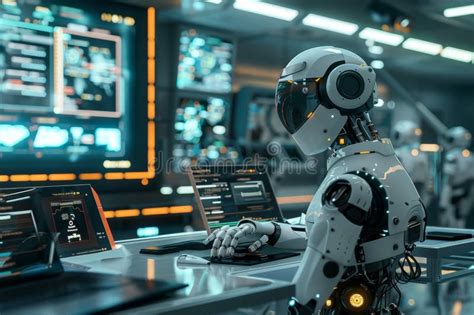 Futuristic Workspace With Ai And Robotic Support For Advanced Operations In A High Tech Setting