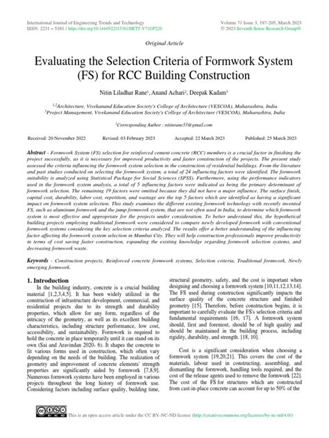 Evaluating The Selection Criteria Of Formwork System Fs For Rcc Building Construction Pdf