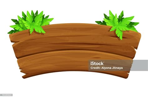 오래된 나무 판자 간판 은 흰색 배경에 고립 만화 스타일의 야자수 잎장식 정글 열대 요소 질감과 상세한 보드 Ui 게임 자산 벡터 일러스트레이션 목재 재료에 대한 스톡 벡터