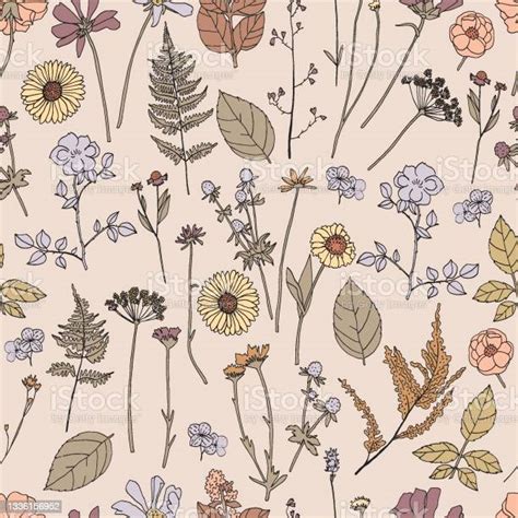 라인 아트 다채로운 꽃과 검은 윤곽이 있는 나뭇잎 원활한 패턴 손 페인트 숲 식물 고립 된 꽃 세트 가을에 대한 스톡 벡터 아트 및 기타 이미지 Istock