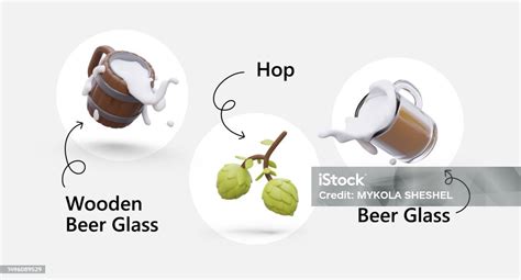 맥주 광고를 위한 3d 요소 거품 맥주로 채워진 나무와 유리 머그잔 녹색 홉 콘 맥주에 대한 스톡 벡터 아트 및 기타 이미지 맥주 흰색 0명 Istock