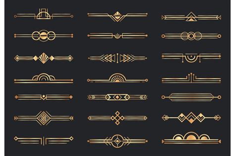 Golden art deco dividers. Decorative geometric border, retro