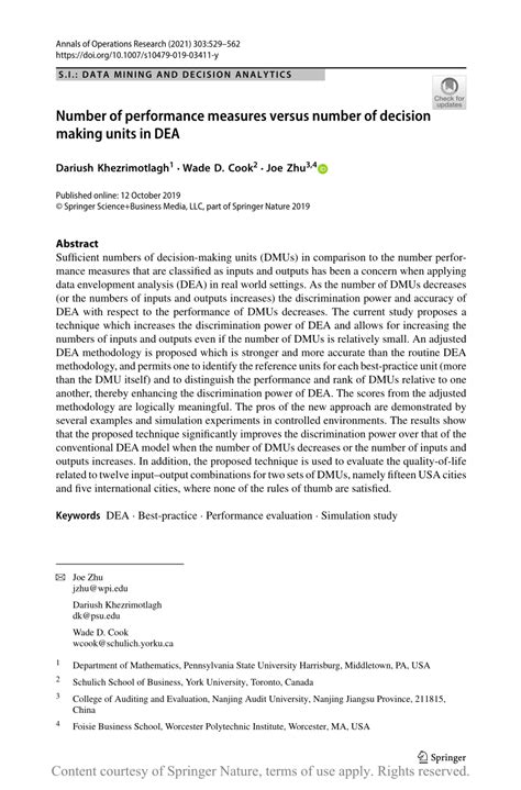 Number Of Performance Measures Versus Number Of Decision Making Units In Dea Request Pdf