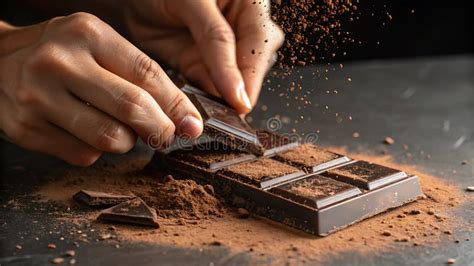 Close Up Of Hands Breaking A Dark Chocolate Bar With Cocoa Powder
