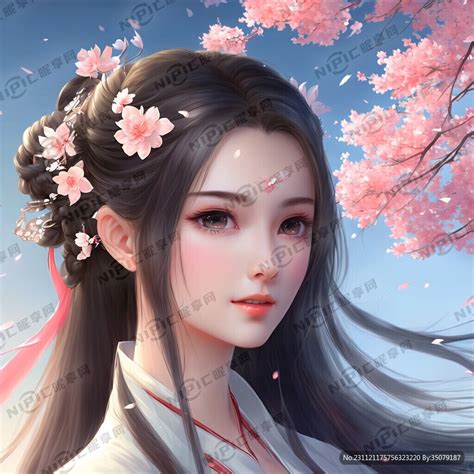 Ai创作图古风动漫少女 唯美春日花神 全身 远景 面容精致 毛发精致 3d 立体 花朵盛开 Cg 超细节 超高清 水彩画 人物靠右 昵图网
