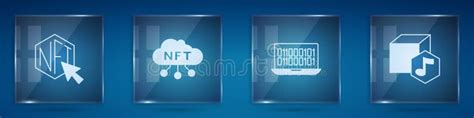 Set Nft Digital Crypto Art Cloud Binary Code And Square Glass Panels Vector Stock