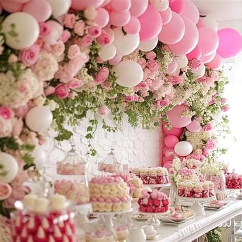 Birthday Table Decoration With Sweets Flowers Candles And Pink