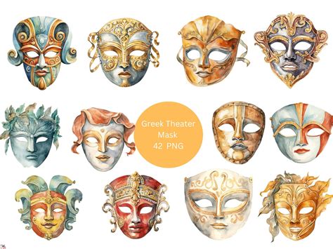 42 Greek Theater Masks Watercolor Clipart Berries Clipart Png