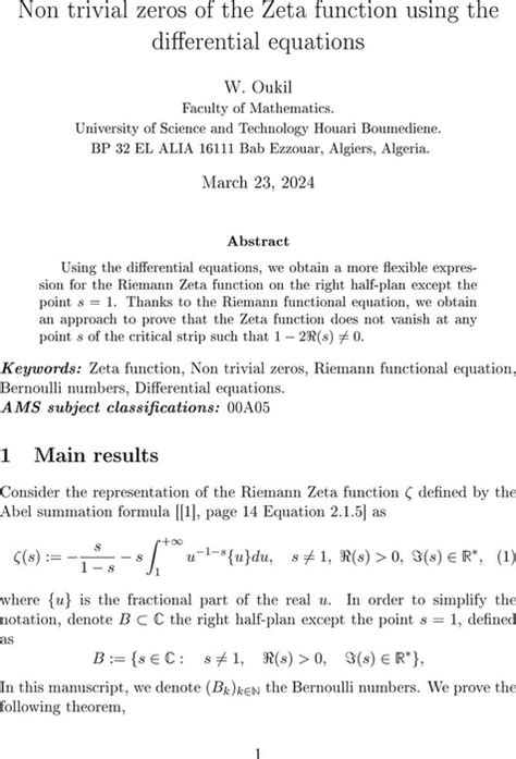 Non Trivial Zeros Of The Zeta Function Using The Differential Equations Mathematics
