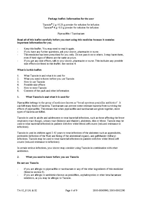 Tazocin Package Leaflet Information For The User Tazocin® 2 G 0 G