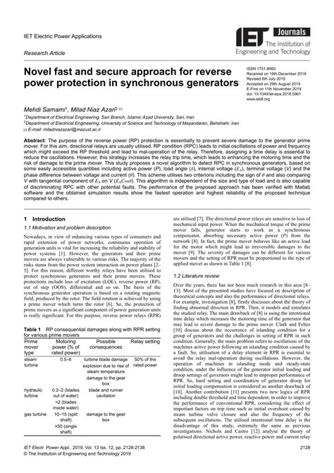 Pdf A Novel Fast And Secure Approach For Reverse Power Protection In Synchronous Generators