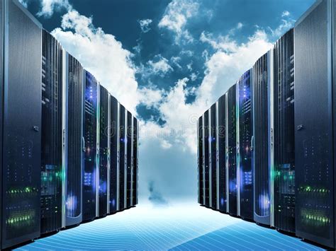Cloud Computing And Computer Networking Concept Rows Of Network Servers Against Blue Sky With