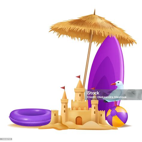 3d 모래성 벡터 일러스트레이션 여름 해변 건물 타워 클립아트 태양 우산 서핑보드 0명에 대한 스톡 벡터 아트 및 기타 이미지