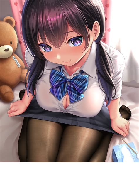 Rule 34 Bangs Black Hair Black Legwear Black Skirt Blue Bow Blue Eyes Blue Neckwear Blush Bow