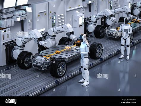 Automation Automobile Factory With 3d Rendering Robot Assembly Line Manufacture Ev Car