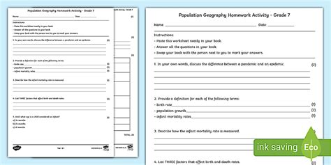 Population Geography Homework Activity Grade 7