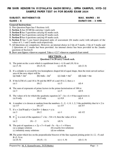 Maths Class X Sample Paper Test 04 For Board Exam 2024 Pdf Mathematical Objects