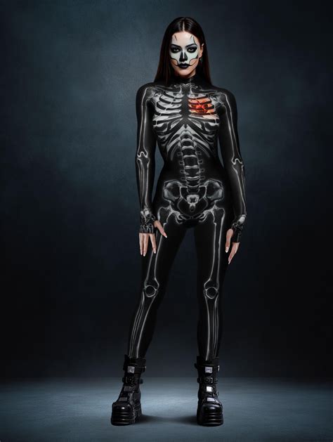 Black Skeleton Womens Halloween Costume Gothic Skeleton Catsuit With