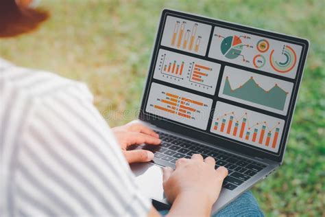 Woman Using Laptop Or Notebook Computer With Data Analysis Graph Dashboard Confident Woman