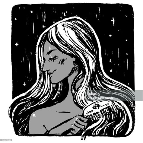 그녀의 긴 머리를 빗질하는 아름다운 젊은 여성 흑백 손으로 그린 벡터 일러스트레이션 흰색으로 고립 된 추상 그래픽 그림 예술적 인쇄물 빈티지 조각 스타일의 포스터 그래픽
