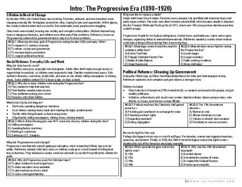 Progressive Era Introduction Reader Questions Matching And Answer Keys