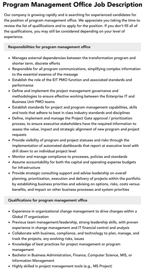 Program Management Office Job Description Velvet Jobs