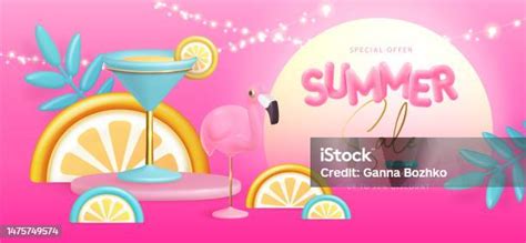 여름 큰 판매 타이포그래피 포스터에는 3d 플라스틱 텍스트 플라밍고 코스모폴리탄 칵테일이 있습니다 여름 배경입니다 벡터 그림 3